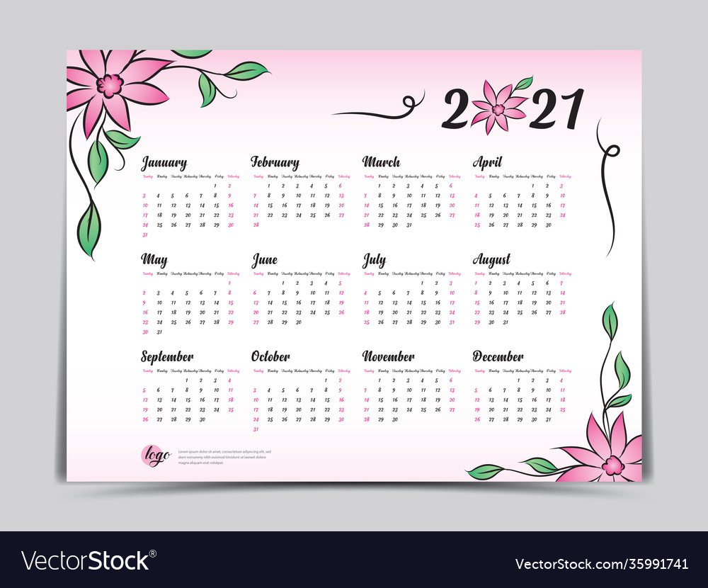 Calendar 2021 template-pink flower concept Vector Image
