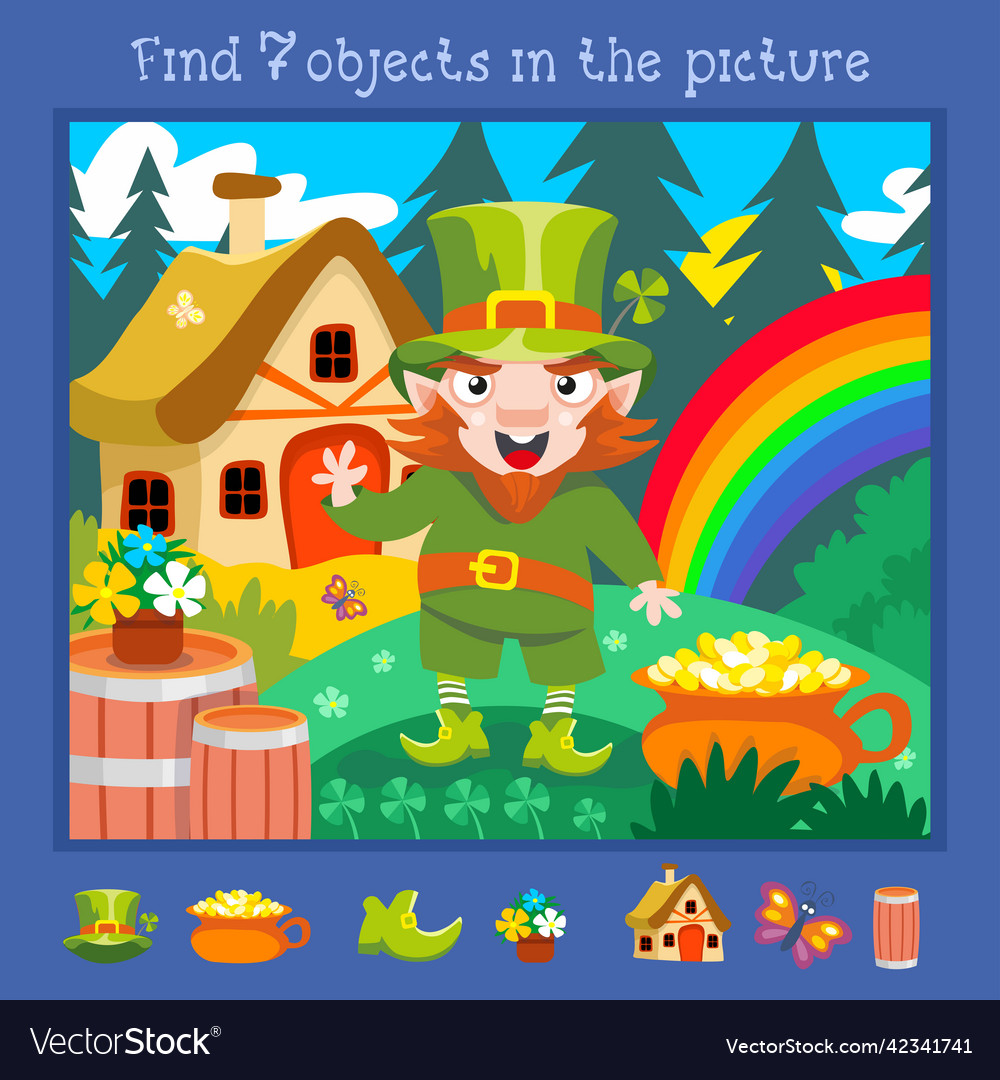 Find 7 hidden objects educational game Royalty Free Vector