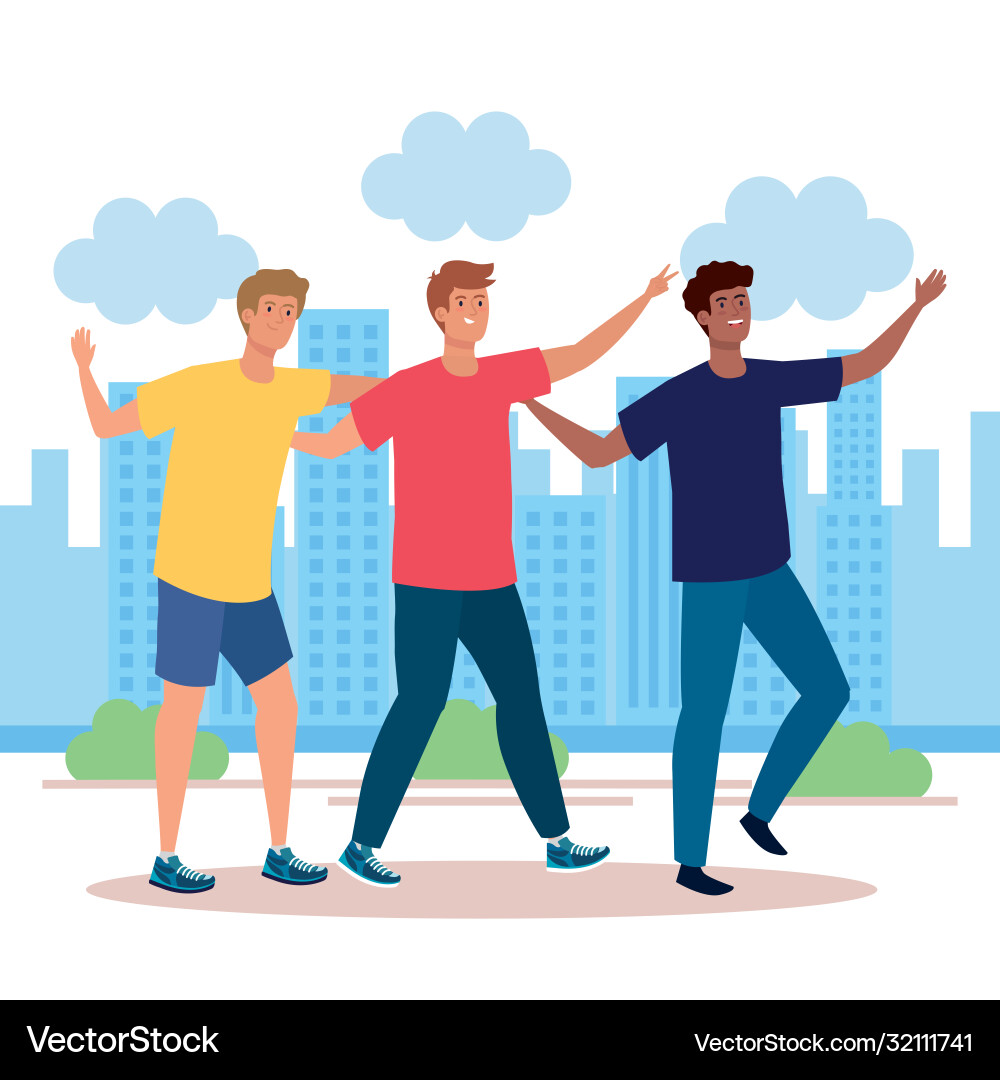 Happy characters young men group friendship Vector Image