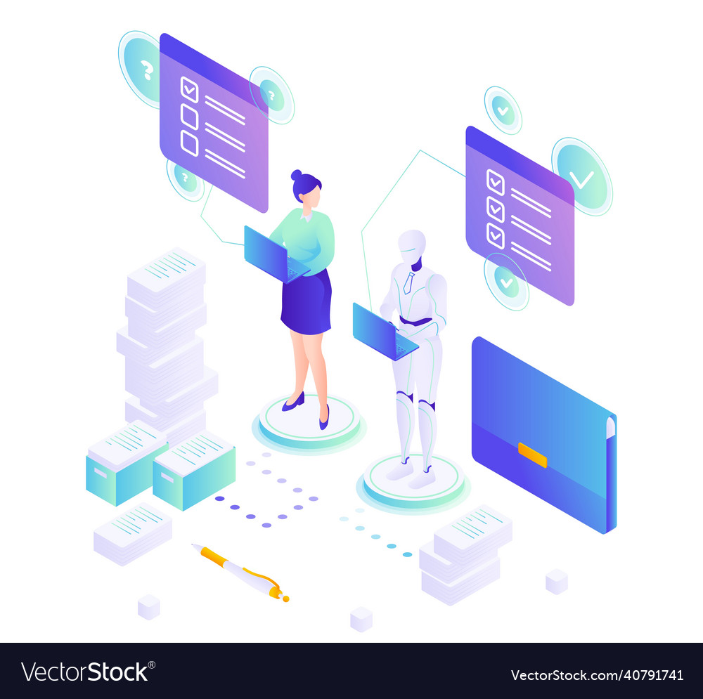 Robot machine doing work quickly than human Vector Image