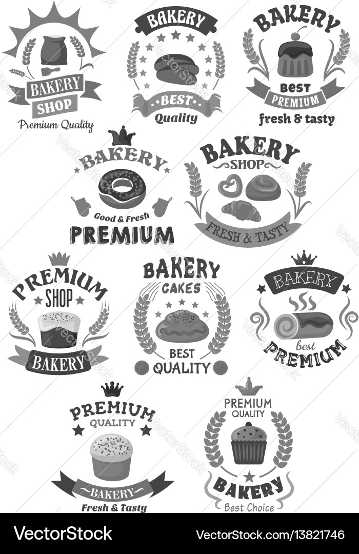 Bakery bread and pastry cakes icons set Royalty Free Vector