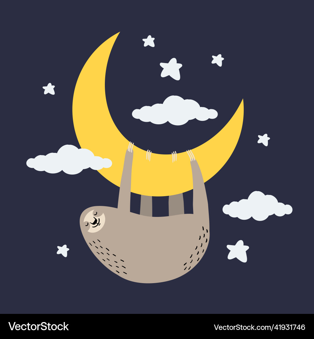 Cute funny sloth hanging on a yellow crescent Vector Image