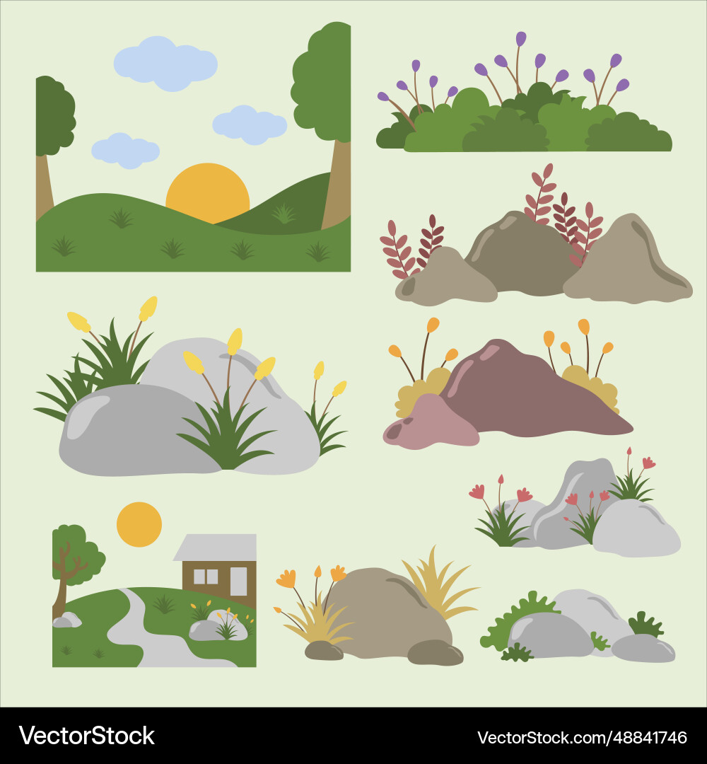 Grass and stone with flower cartoon style Vector Image