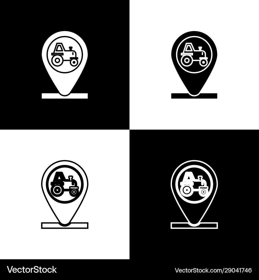 Set tractor and location icon isolated on black Vector Image