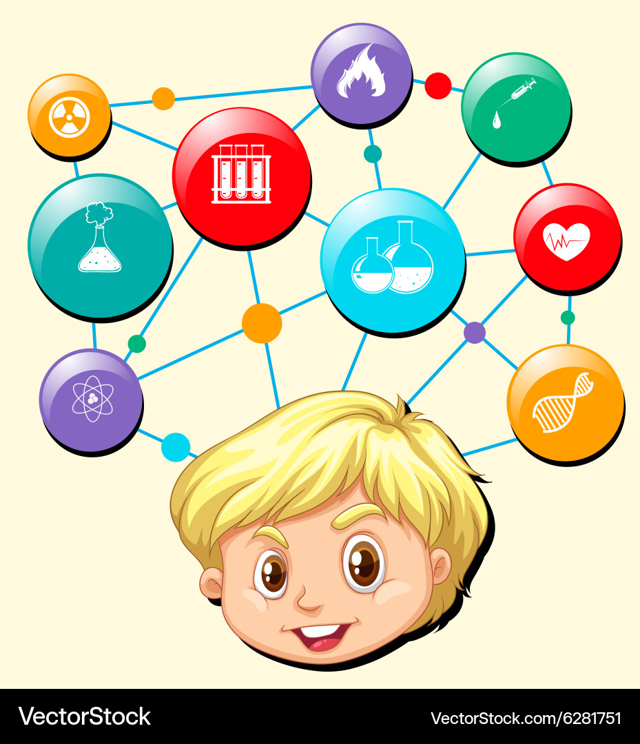 Little boy head and science symbols Royalty Free Vector