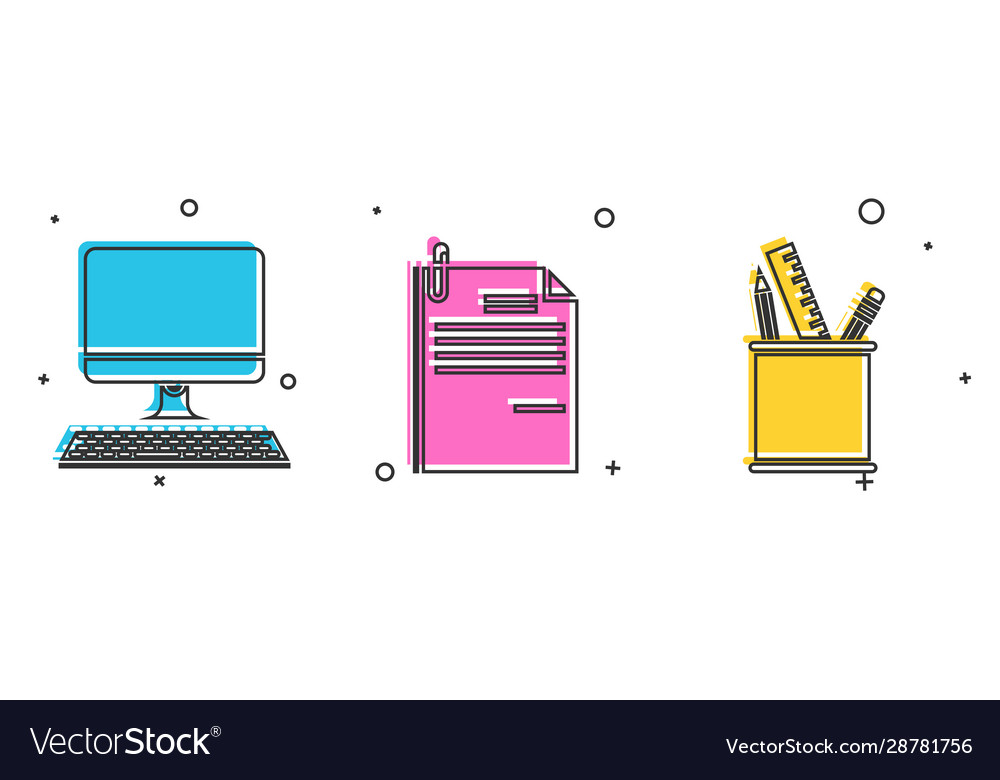 Set Computer Monitor With Keyboard File Document Vector Image