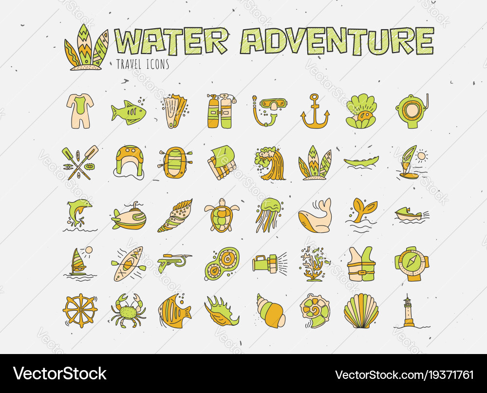 Water adventure hand draw icon set diving Vector Image