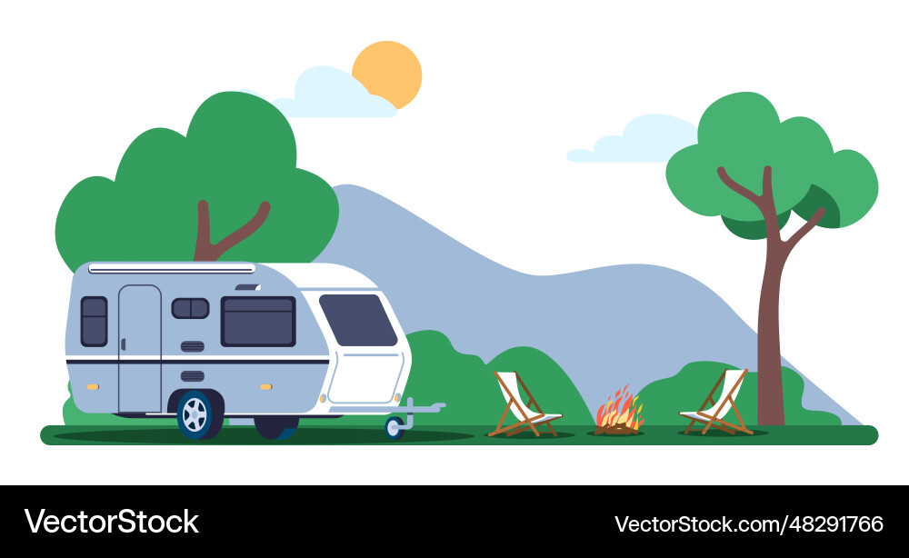 Caravan trailer standing outdoors in woods next Vector Image