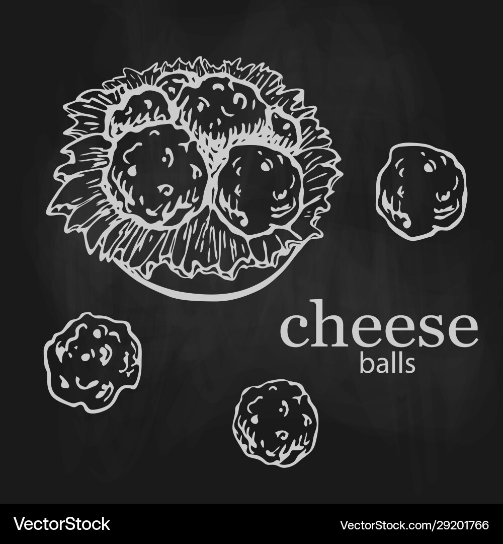 Chalk drawn cheese balls with lettuce on plate Vector Image