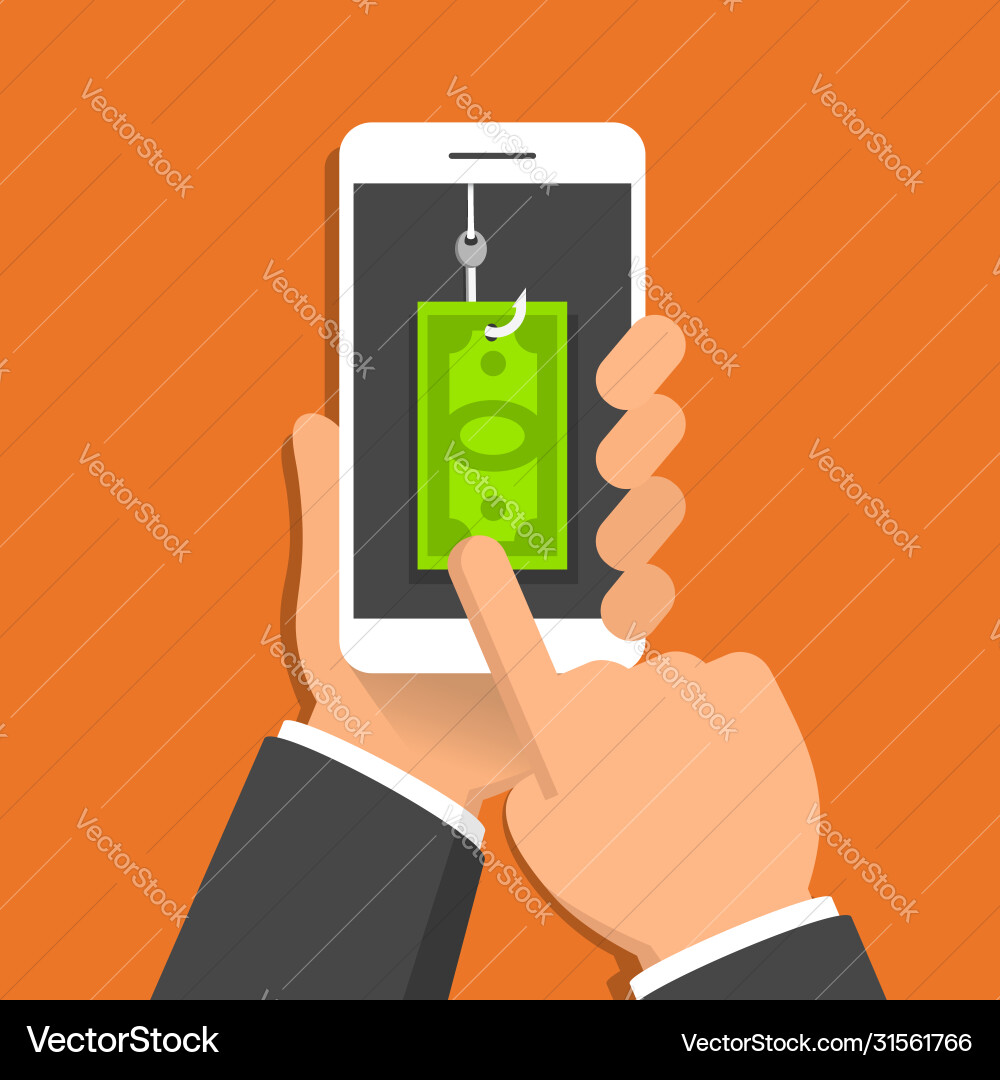 Hand holding smartphone with money bill on hook Vector Image
