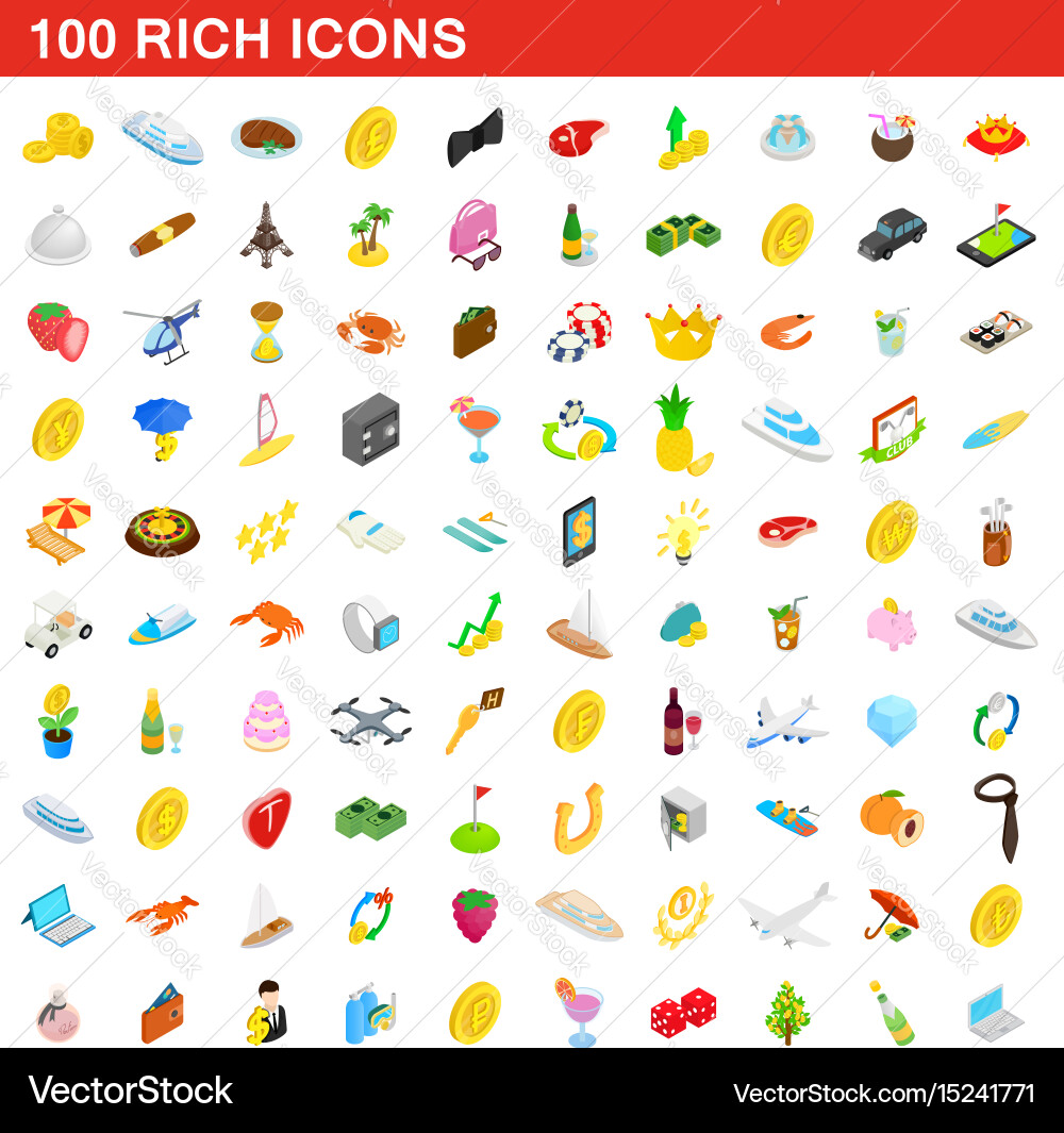 100 rich icons set isometric 3d style Royalty Free Vector