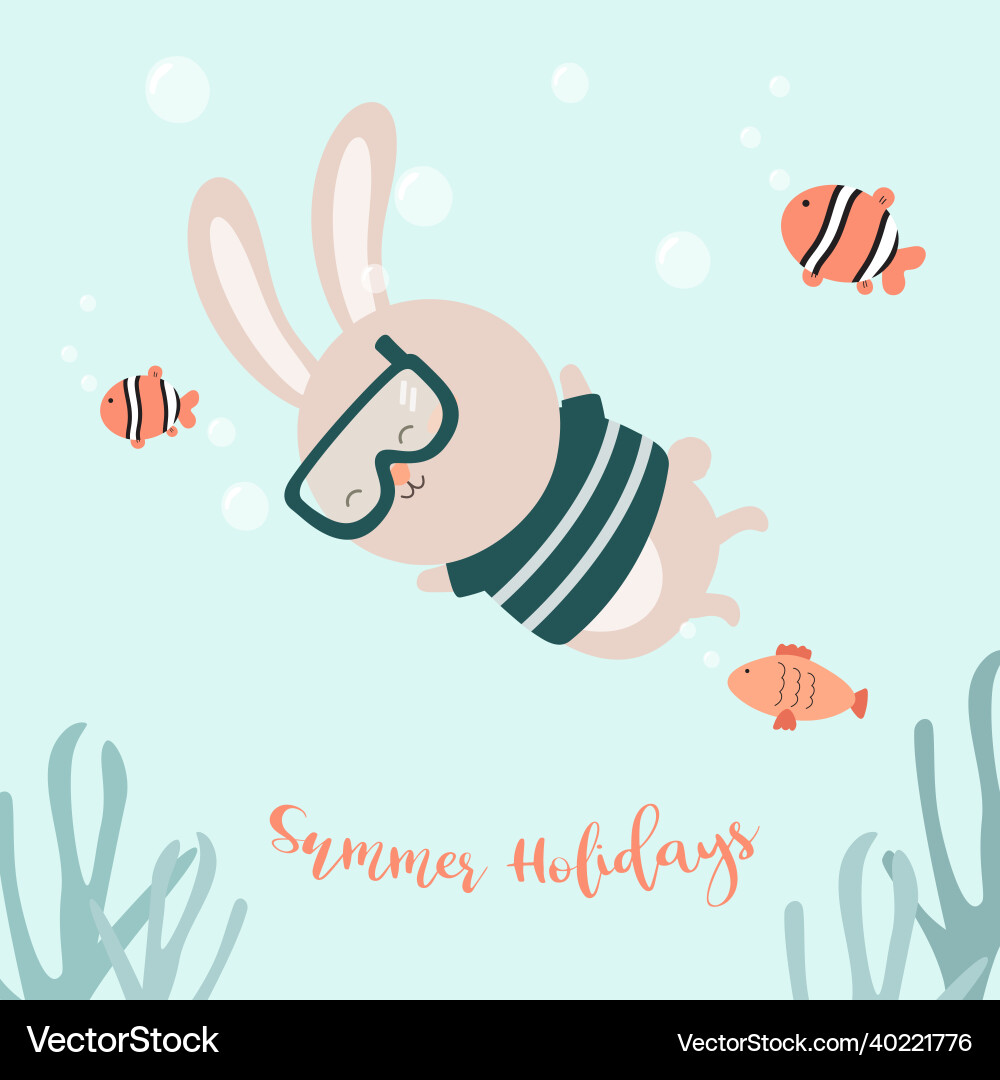 Cute rabbit diving under the sea in summer Vector Image