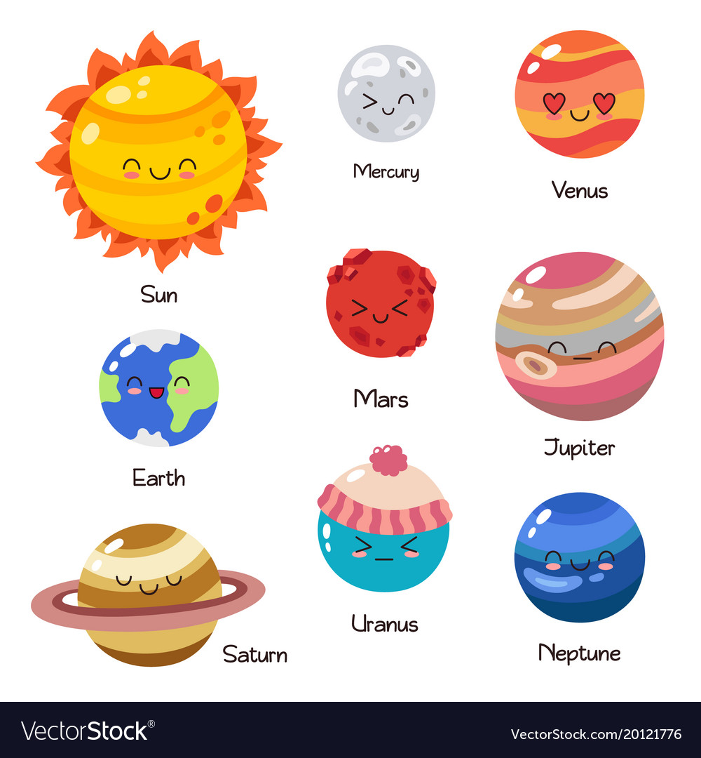Set doodle cartoon icons planets of Royalty Free Vector Set doodle cartoon icons planets of Royalty Free Vector