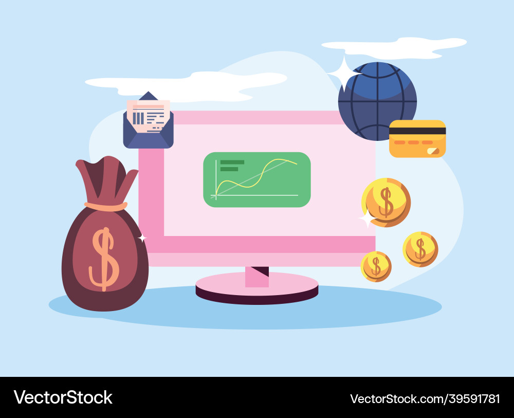 Computer with money bag and coins Royalty Free Vector Image