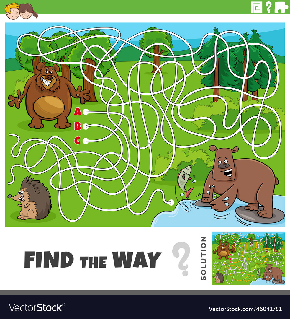 Find the way game with cartoon bears animal Vector Image
