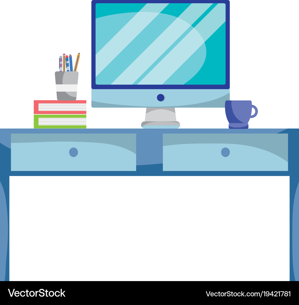 Wood desk with computer screen and books Vector Image