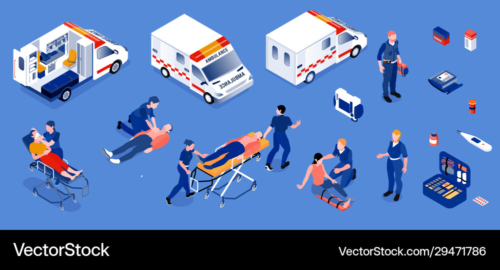 Ambulance isometric set Royalty Free Vector Image