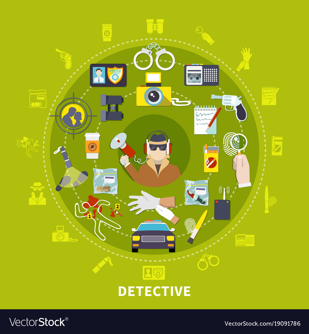 Detective round composition Royalty Free Vector Image