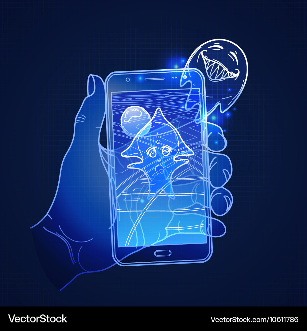 Graphic hand holding fantasy smartphone Royalty Free Vector