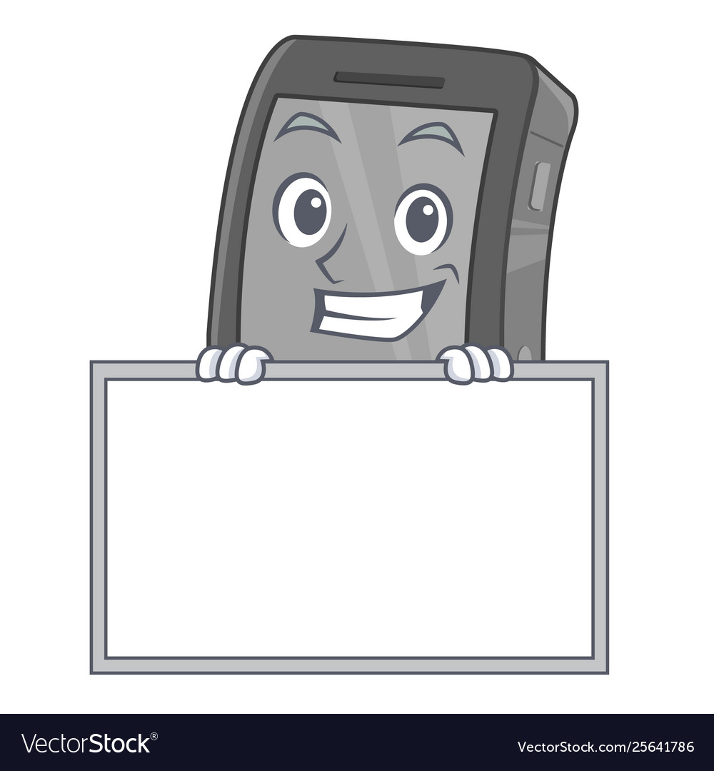 Grinning with board ipad in a mascot bag Vector Image