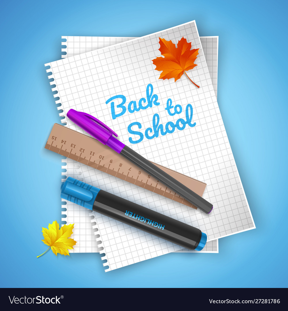 Notebook sheet and school supplies on colorful Vector Image