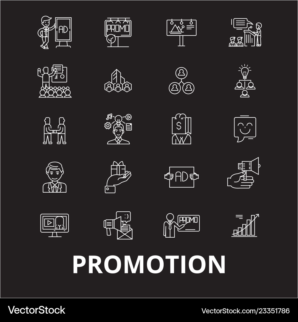 Promotion editable line icons set on black Vector Image