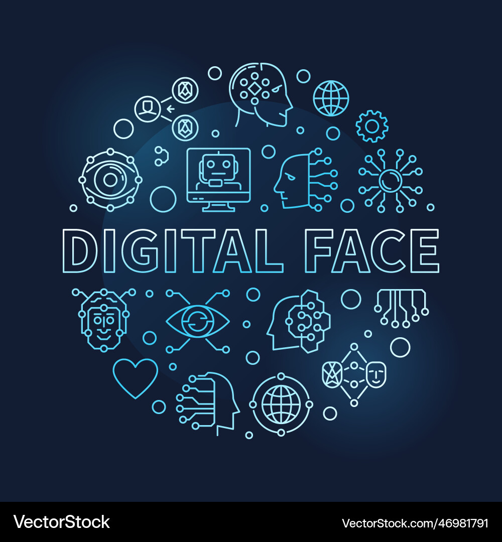 Digital face concept line round blue banner - ai Vector Image