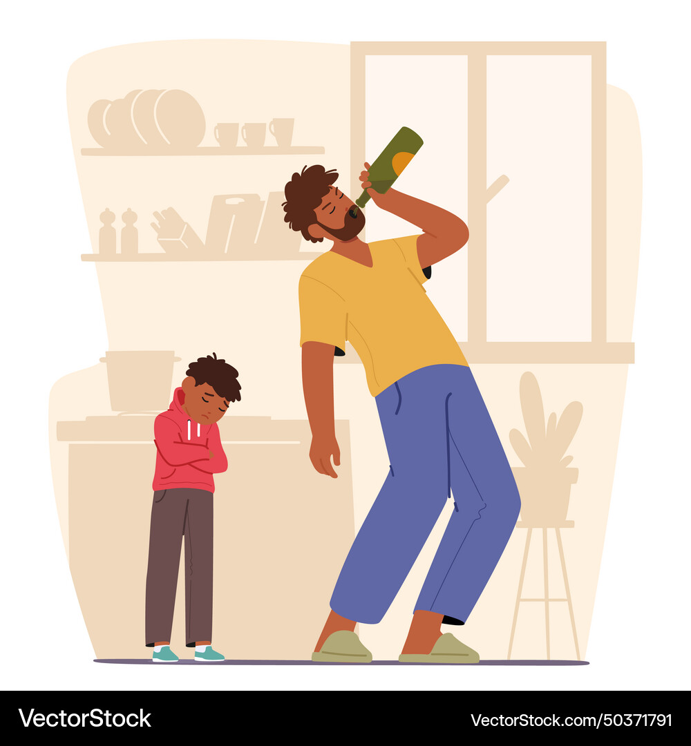 Father drinks alcohol son stands beside quietly Vector Image