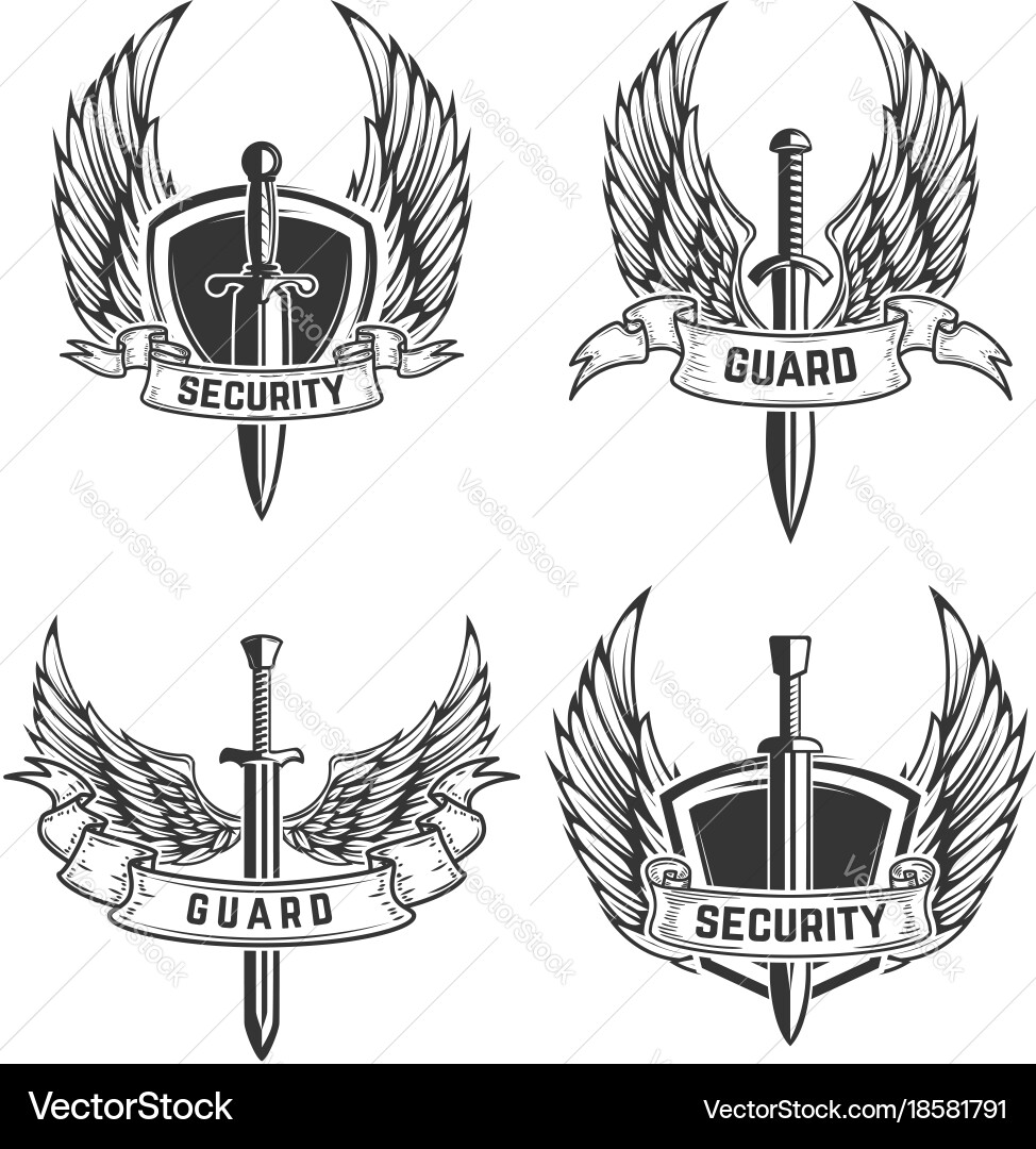 Set of security emblems with swords and wings Vector Image