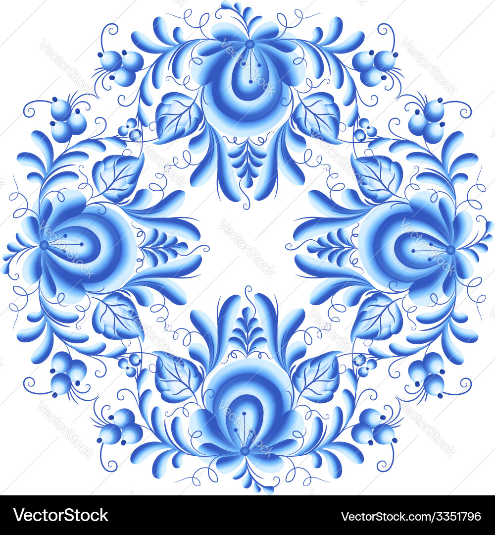 Blue floral round frame in gzhel style Royalty Free Vector