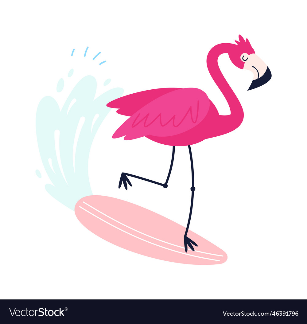 Flamingo character on surfboard Royalty Free Vector Image