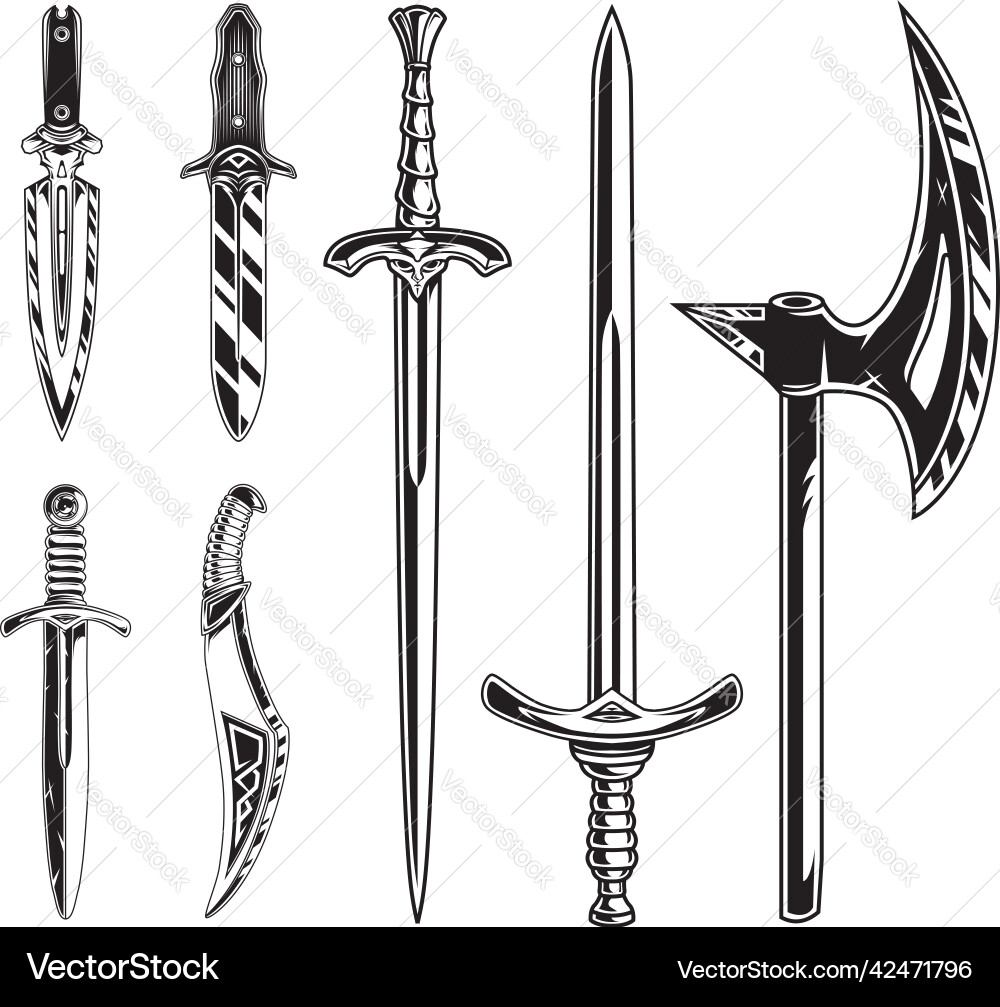 Meele weapon pack set of isolated sword dagger Vector Image
