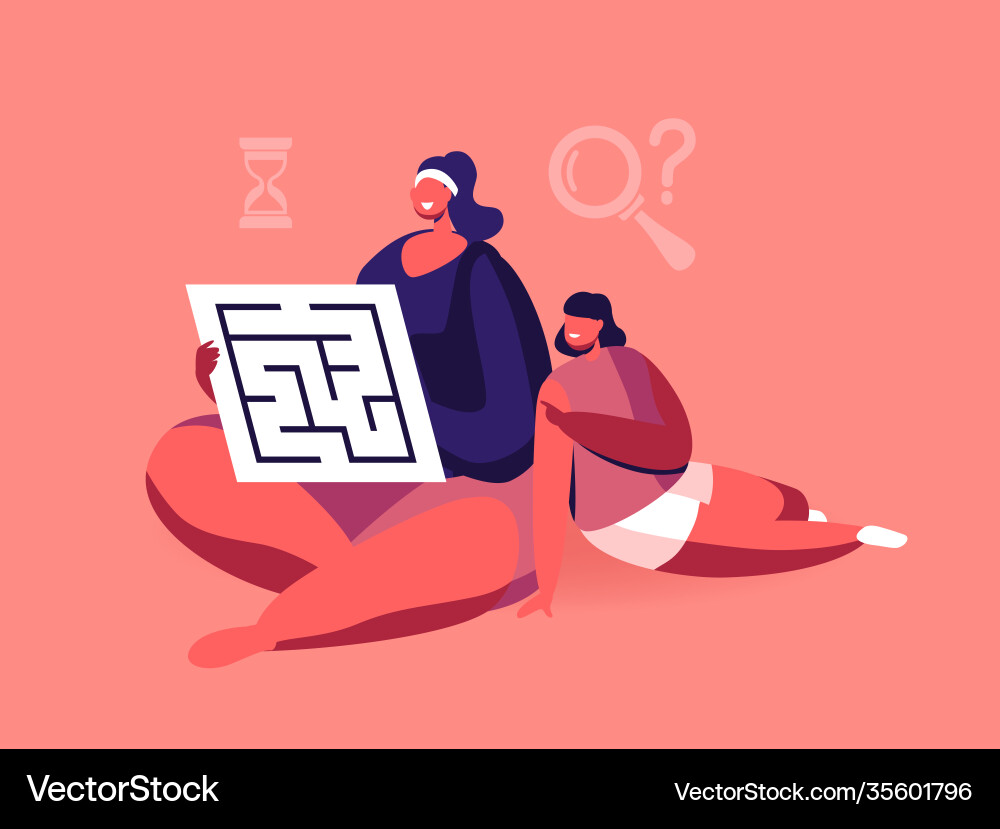Mother and little daughter solving labyrinth Vector Image