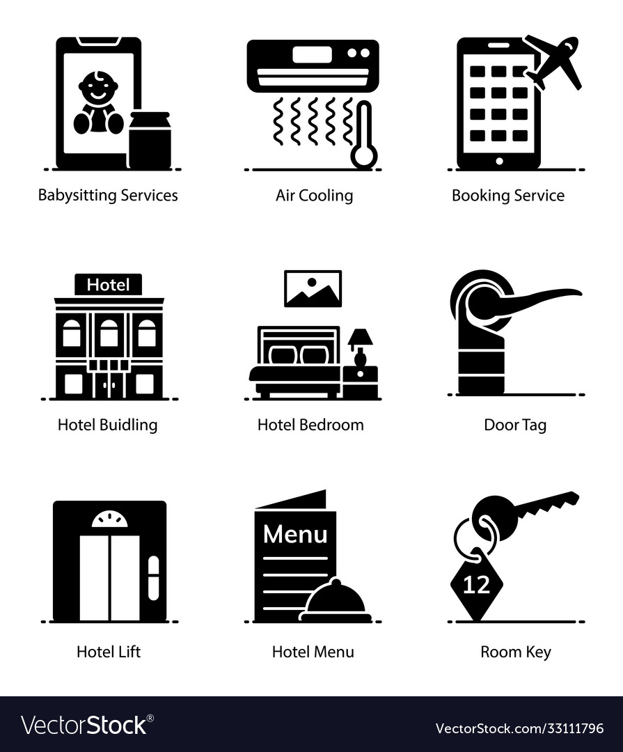 Pack hotel solid icons Royalty Free Vector Image