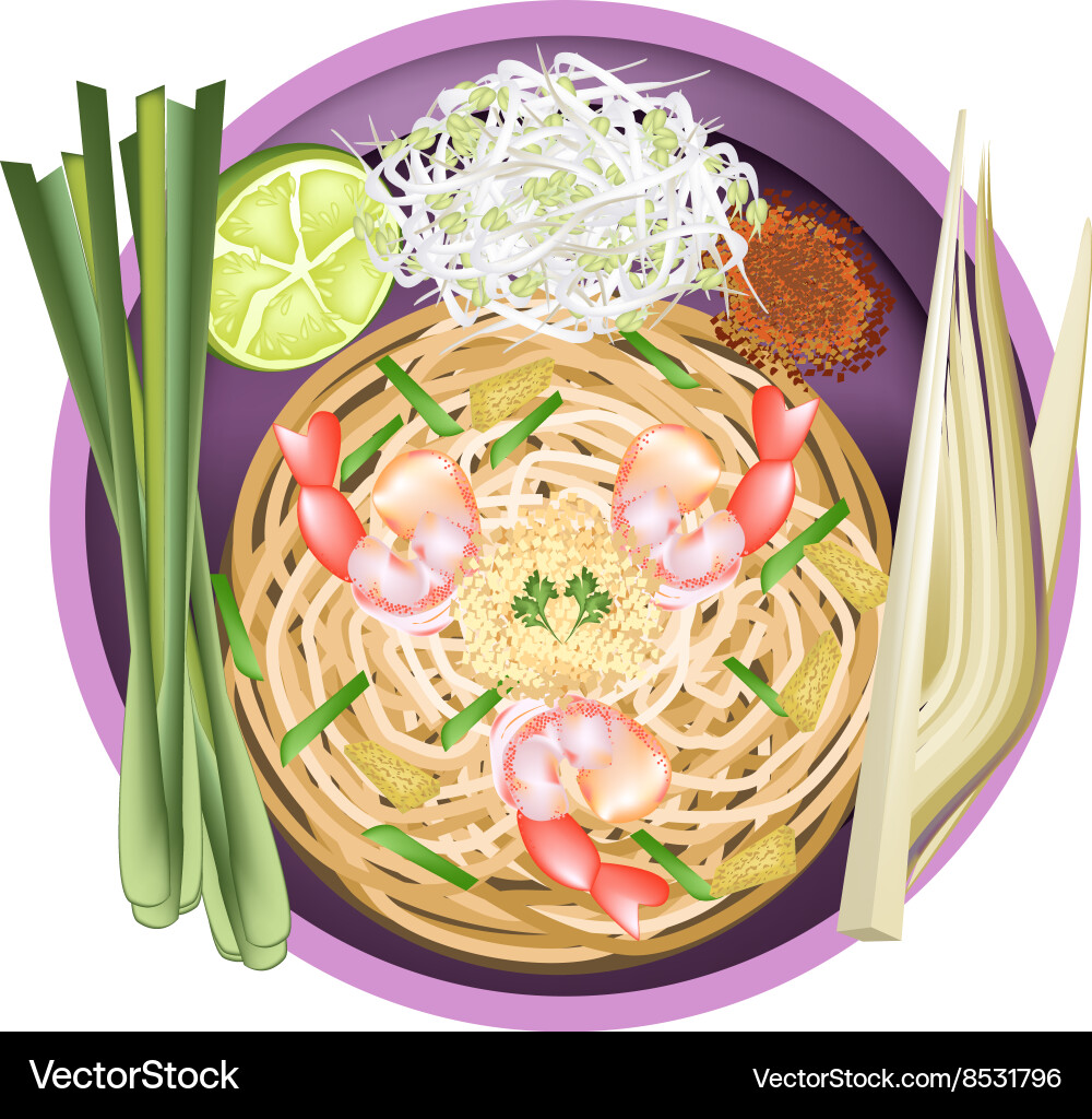 Pad Thai or Stir Fried Noodles with Prawns Vector Image