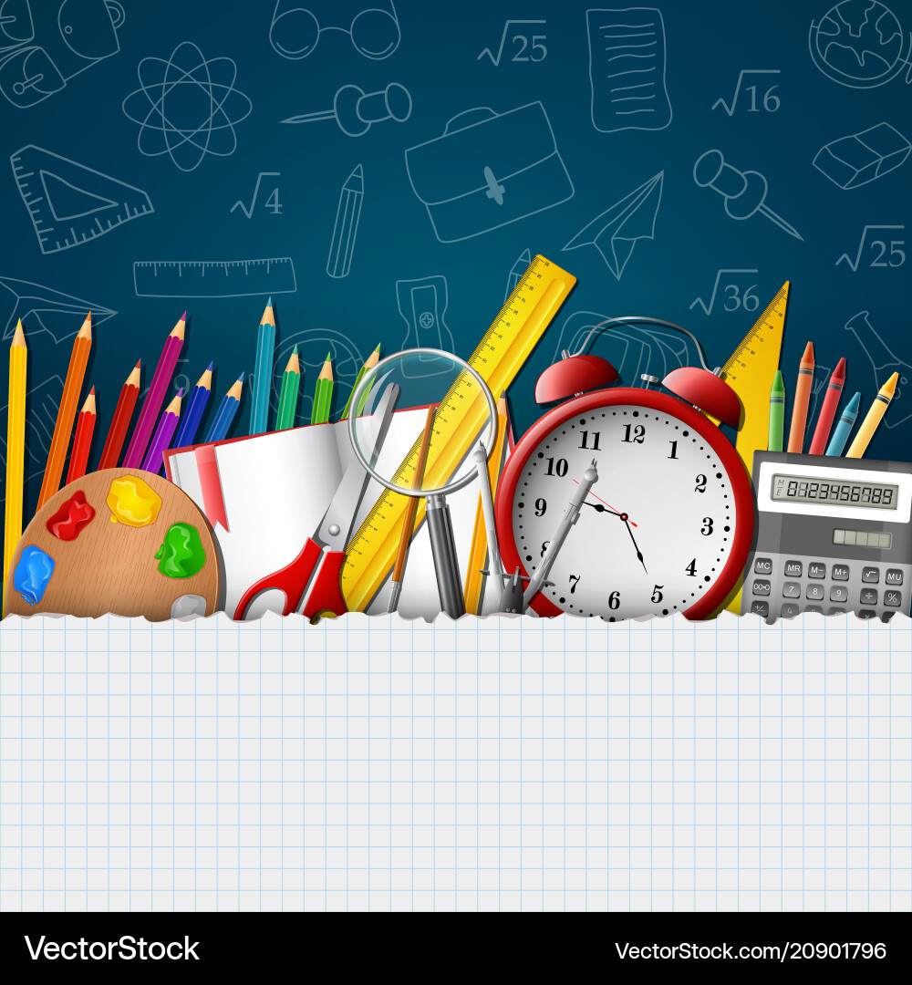 School whiteboard background with school supplies Vector Image