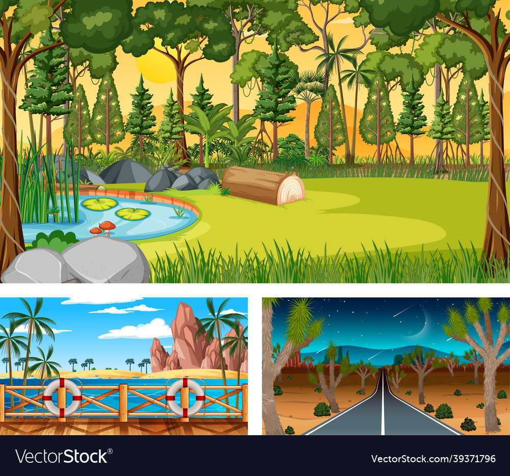 Three different nature landscape scenes Royalty Free Vector