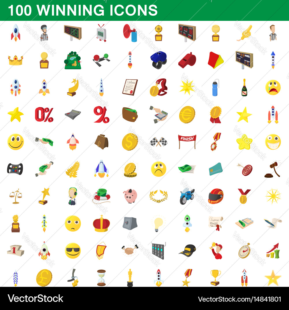 100 winning icons set cartoon style Royalty Free Vector