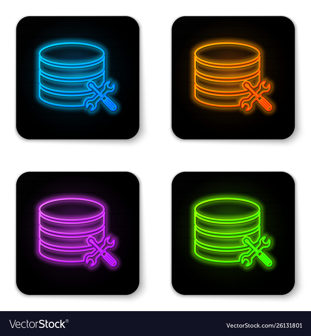 Glowing neon database server with screwdriver Vector Image