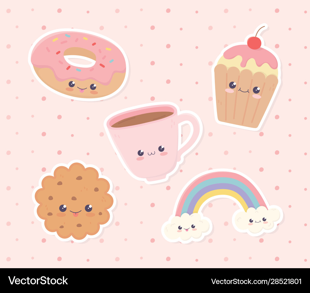 Kawaii dessert donut cookie cupcake coffee cup Vector Image