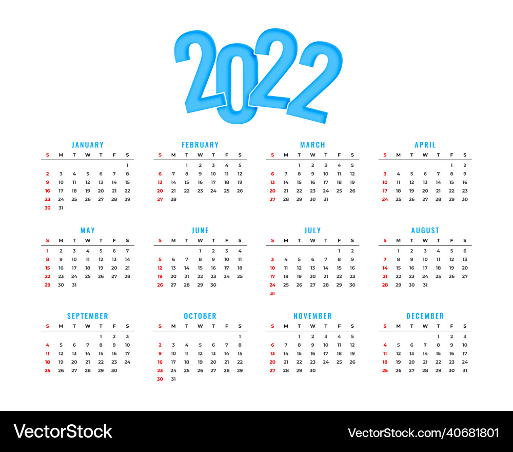 Simple blue 2022 new year calendar design Vector Image
