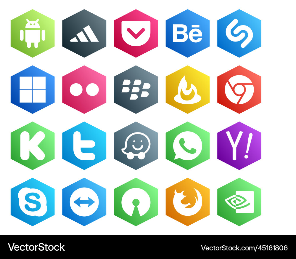 20 social media icon pack including skype yahoo Vector Image