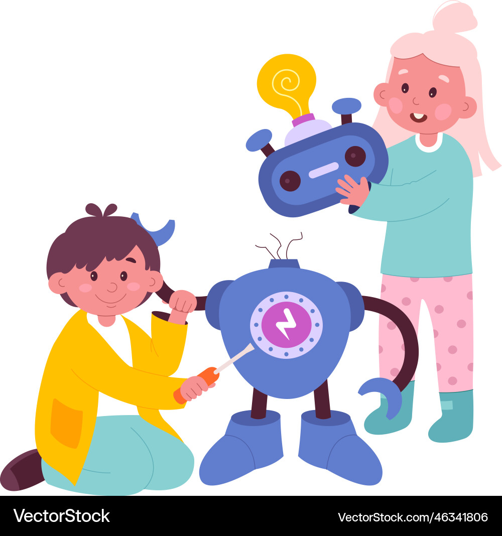 Boy and girl creating robot hobby Royalty Free Vector Image