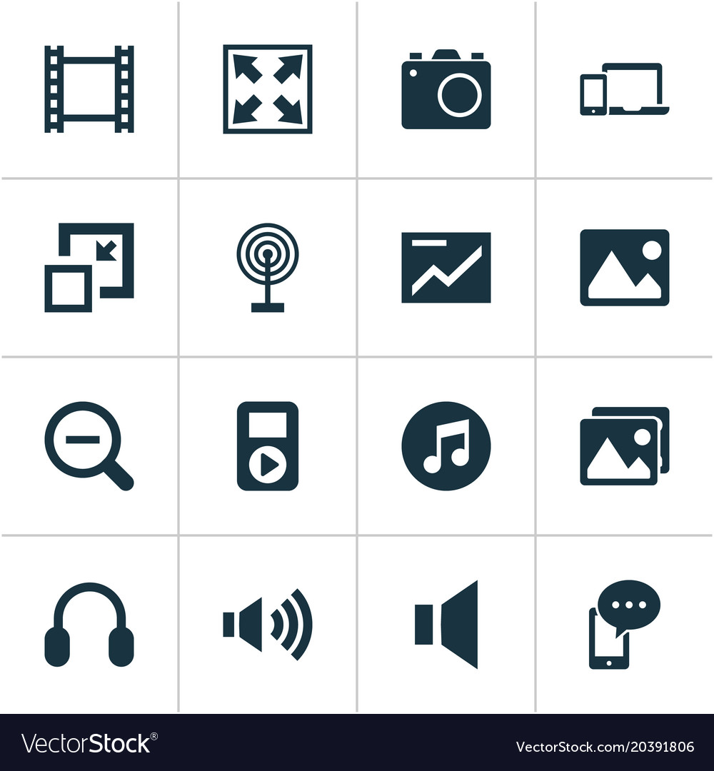 Multimedia icons set with image broadcast volume Vector Image