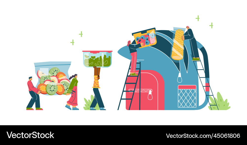People pack food in containers and put them Vector Image
