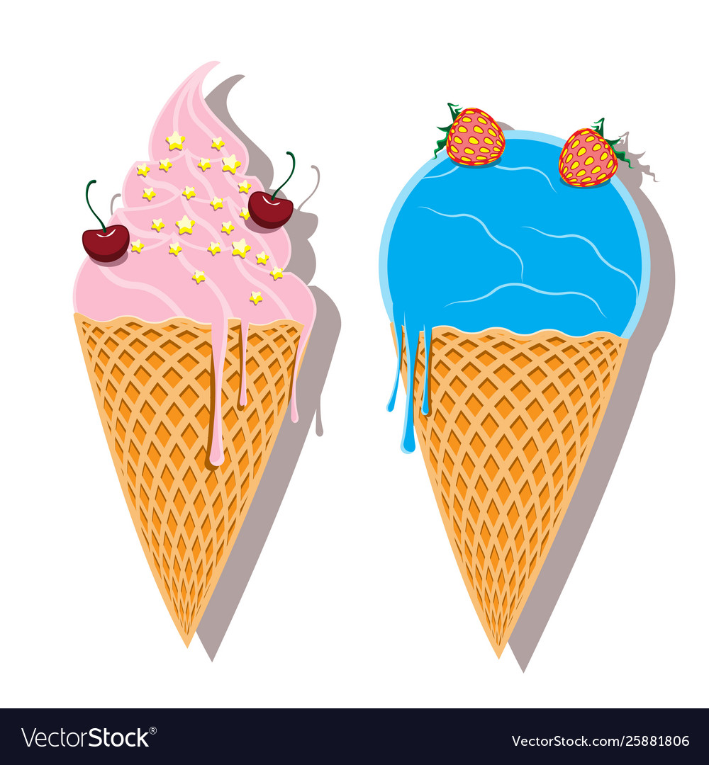 Two Ice Cream Cones With Blue And Red Ice Cream Vector Image