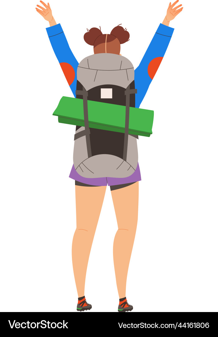 Woman character with backpack standing with raised