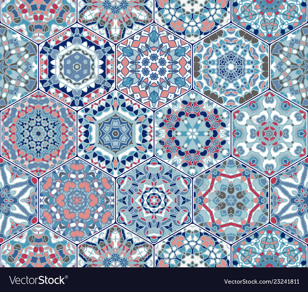 Bright seamless pattern hexagonal tiles Royalty Free Vector