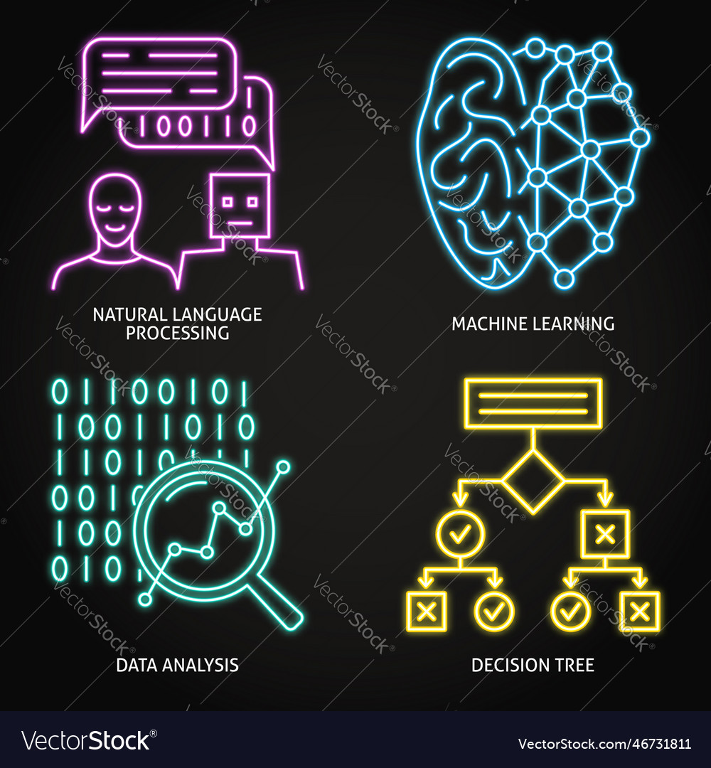 Data analysis and machine learning neon icon set Vector Image