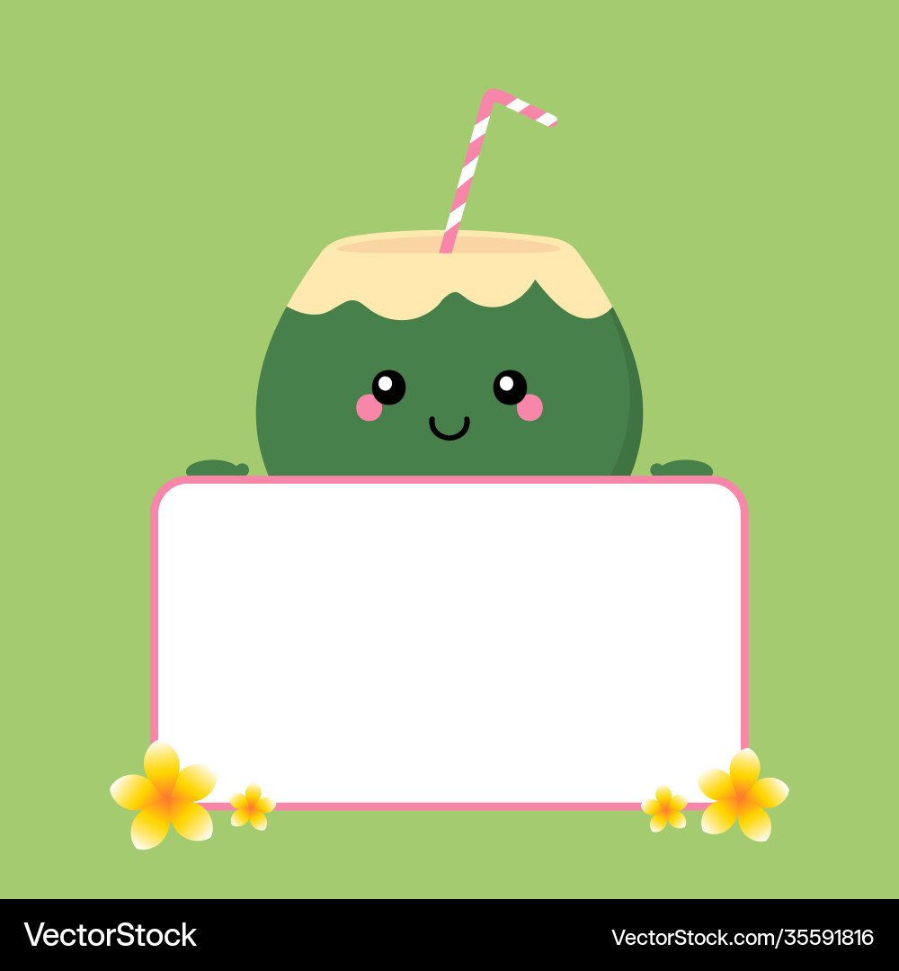 Coconut with straw character holding card Vector Image